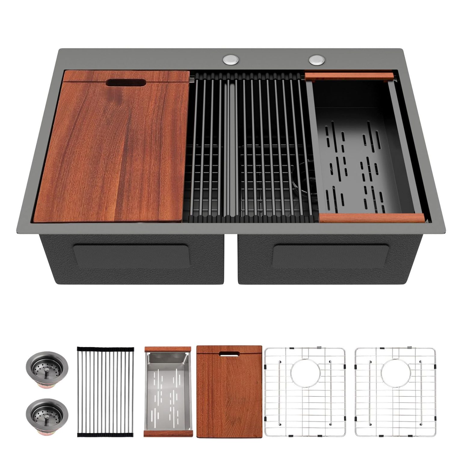 Mocoloo Double Kitchen Sink, 50 50 NANO-PVD Drop In Black Double Bowl ...